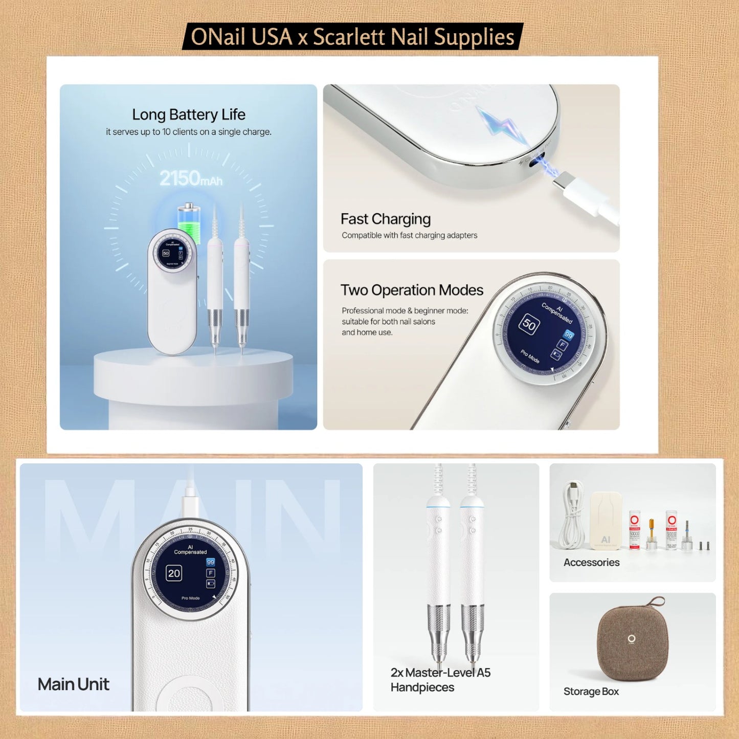 ONAIL AI Precision Nail Drill – 50,000 RPM, AI-Stabilized, Quiet Nail File – Scarlett Nail Supplies